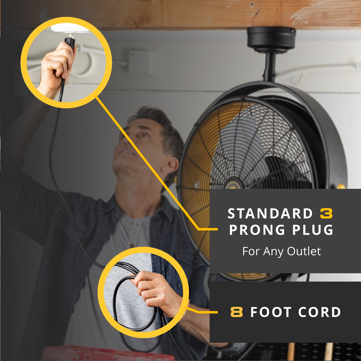 18" Garage Fan, Ceiling Mounted Plug-In Cord, 3 Speed, 3000 CFM | MULE