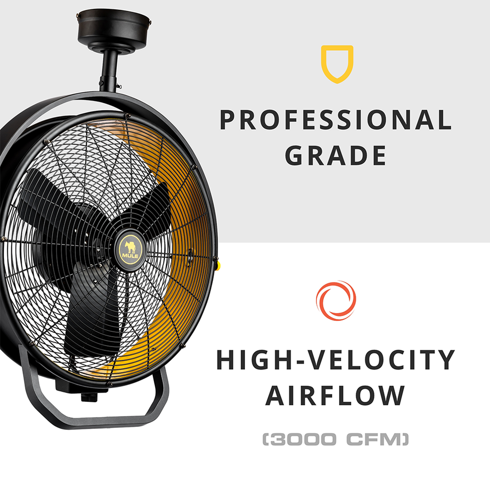 18" Garage Fan, Ceiling Mounted Plug-In Cord, 3 Speed, 3000 CFM | MULE