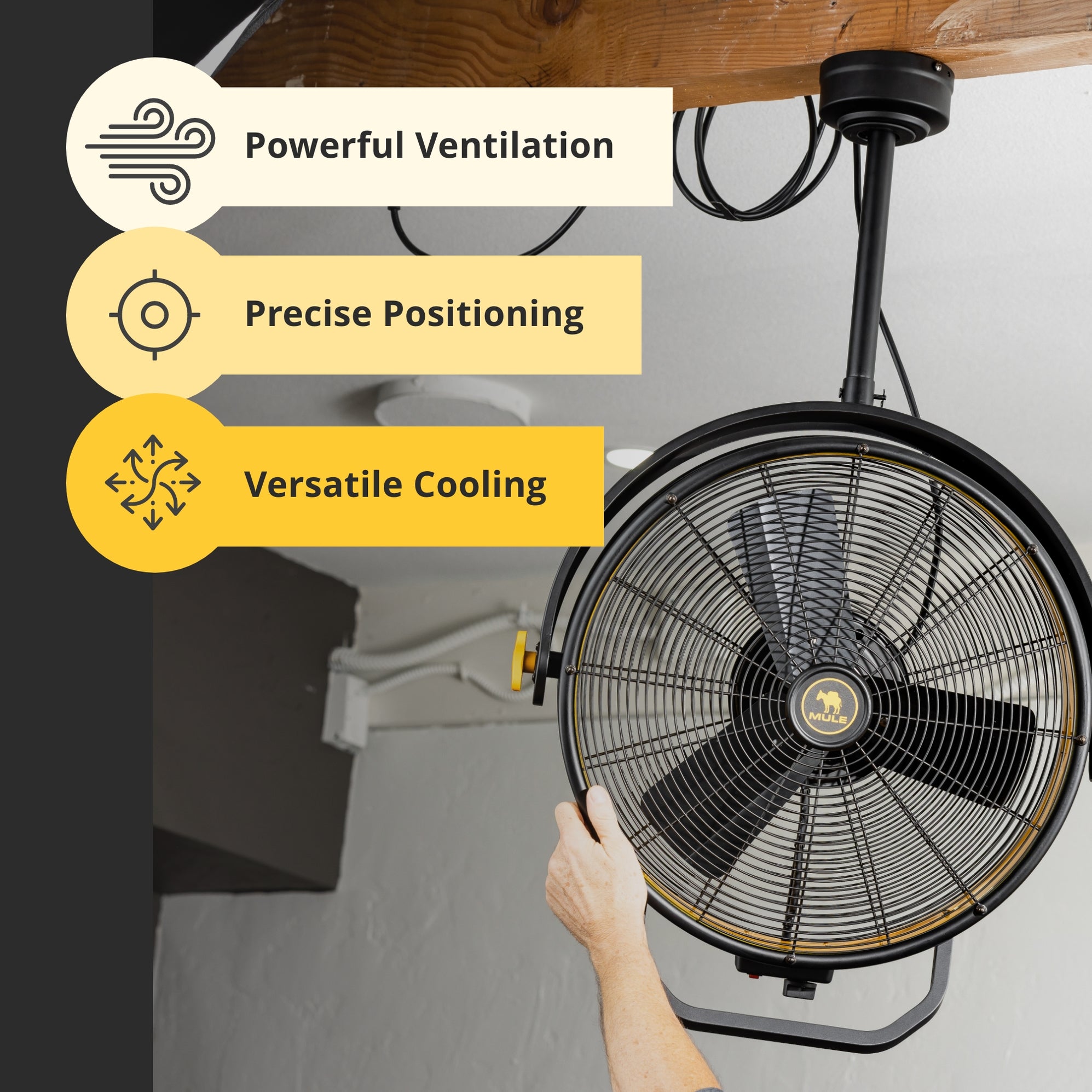 18" Garage Fan, Ceiling Mounted Plug-In Cord, 3 Speed, 3000 CFM | MULE